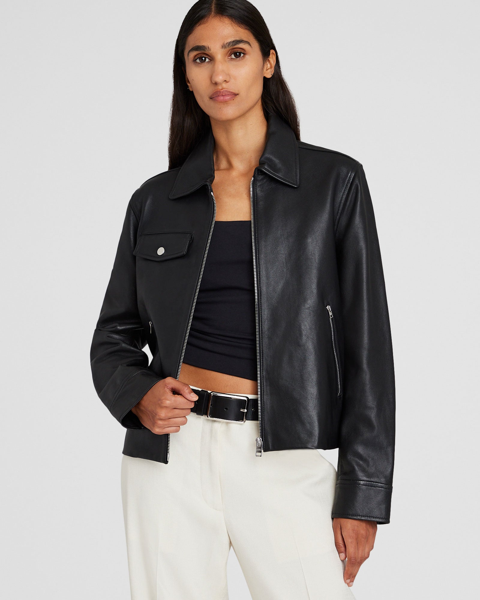 Women's Black Zip-Front Leather Jacket | Club Monaco Corp, CA US