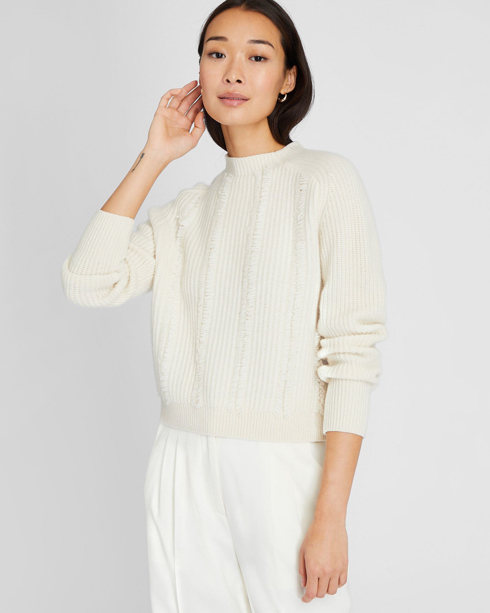 Women's Ivory Mix Cashmere Cropped Fringe Sweater | Club Monaco Corp, CA US