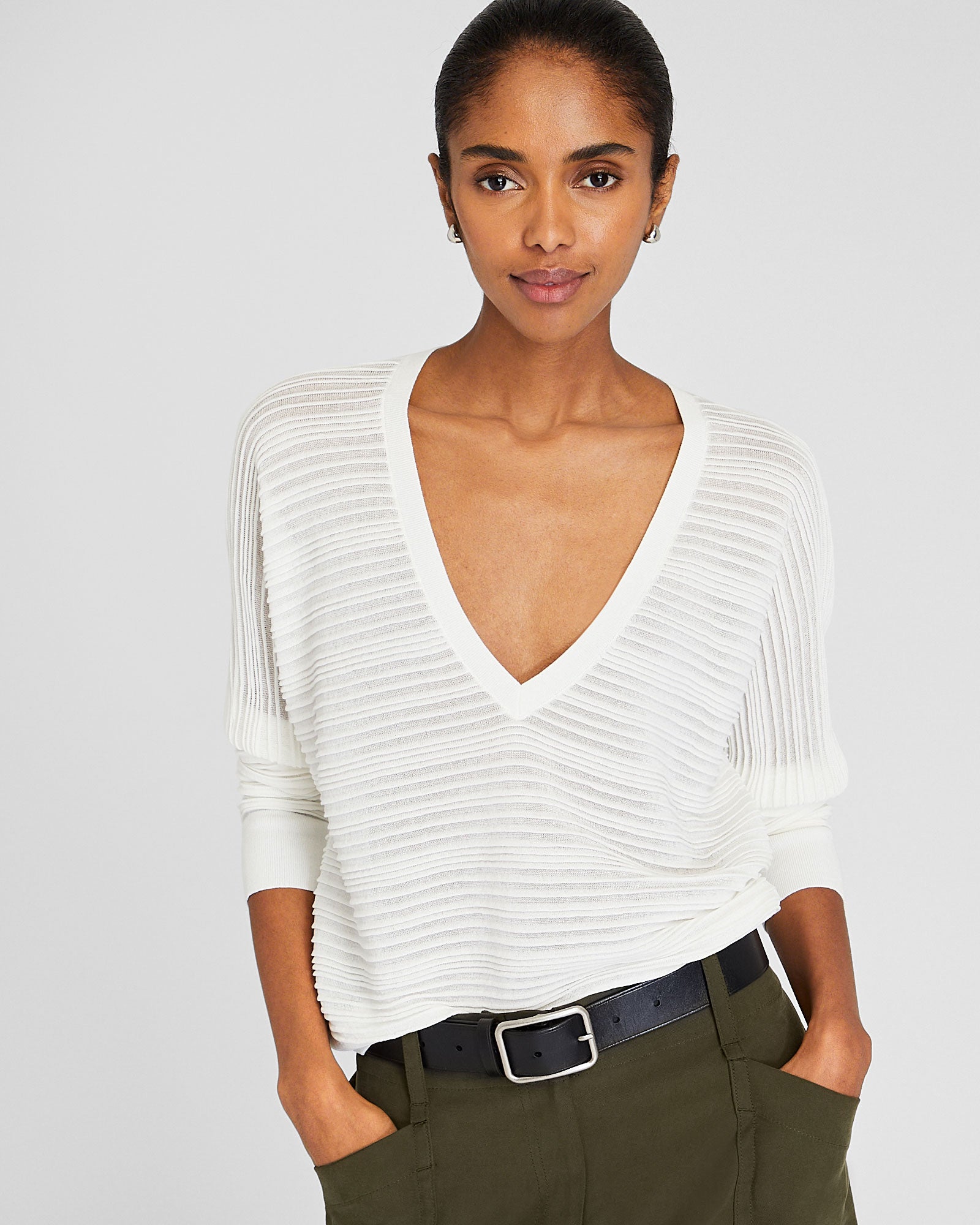 Women's White Sheer Relaxed Ottoman Sweater | CLUB MONACO US