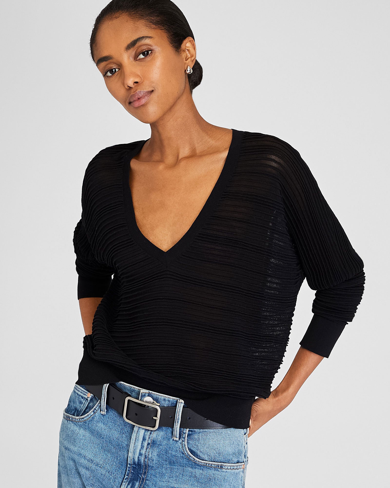 Women's Black Sheer Relaxed Ottoman Sweater | CLUB MONACO US