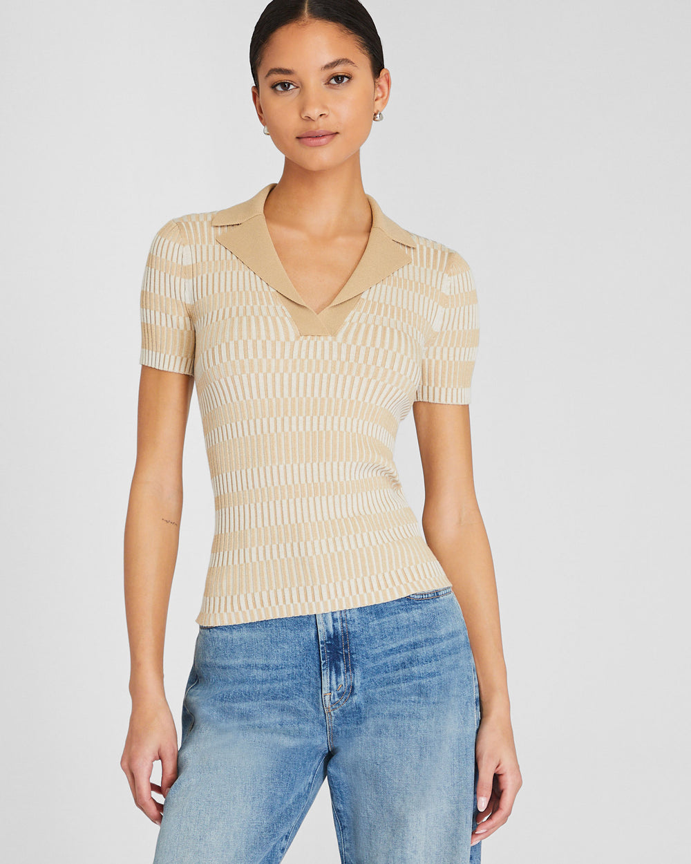Women's Beige Mix Ribbed Johnny Collar Sweater Tee | Club Monaco Corp ...