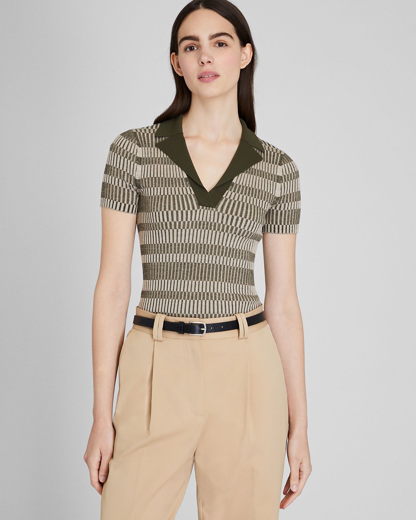 Women's Green Mix Ribbed Johnny Collar Sweater Tee | Club Monaco Corp ...