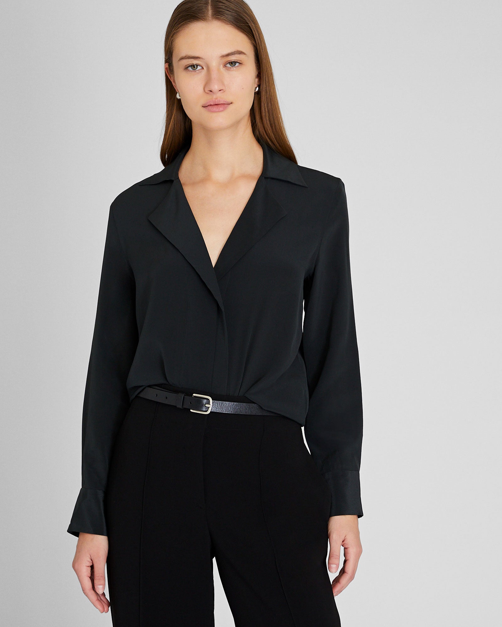 Women's Black Silk Open-Neck Blouse | Club Monaco Corp, CA US
