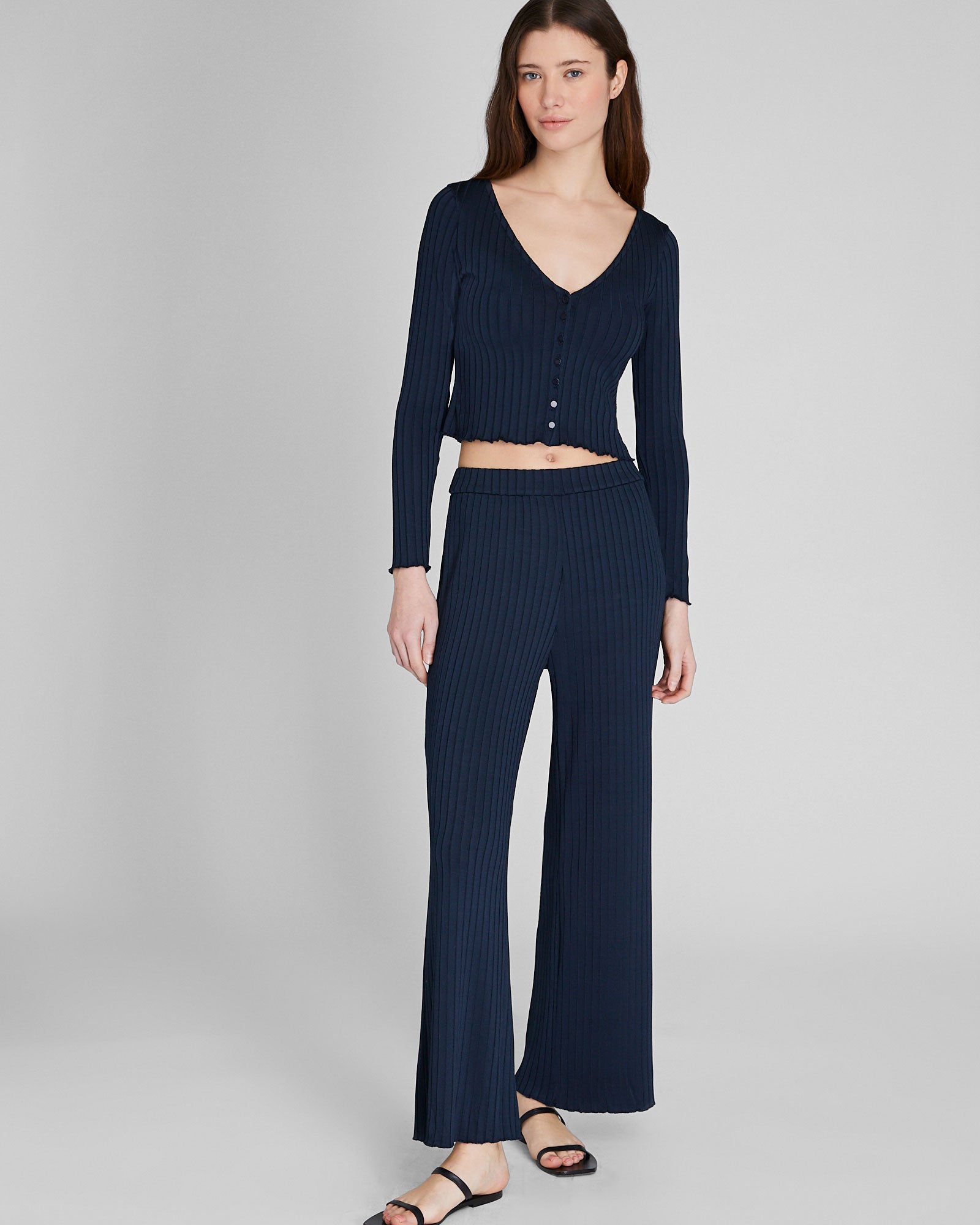 Women's Navy Shiny Wide Rib Full Length Pant | Club Monaco Corp, CA US