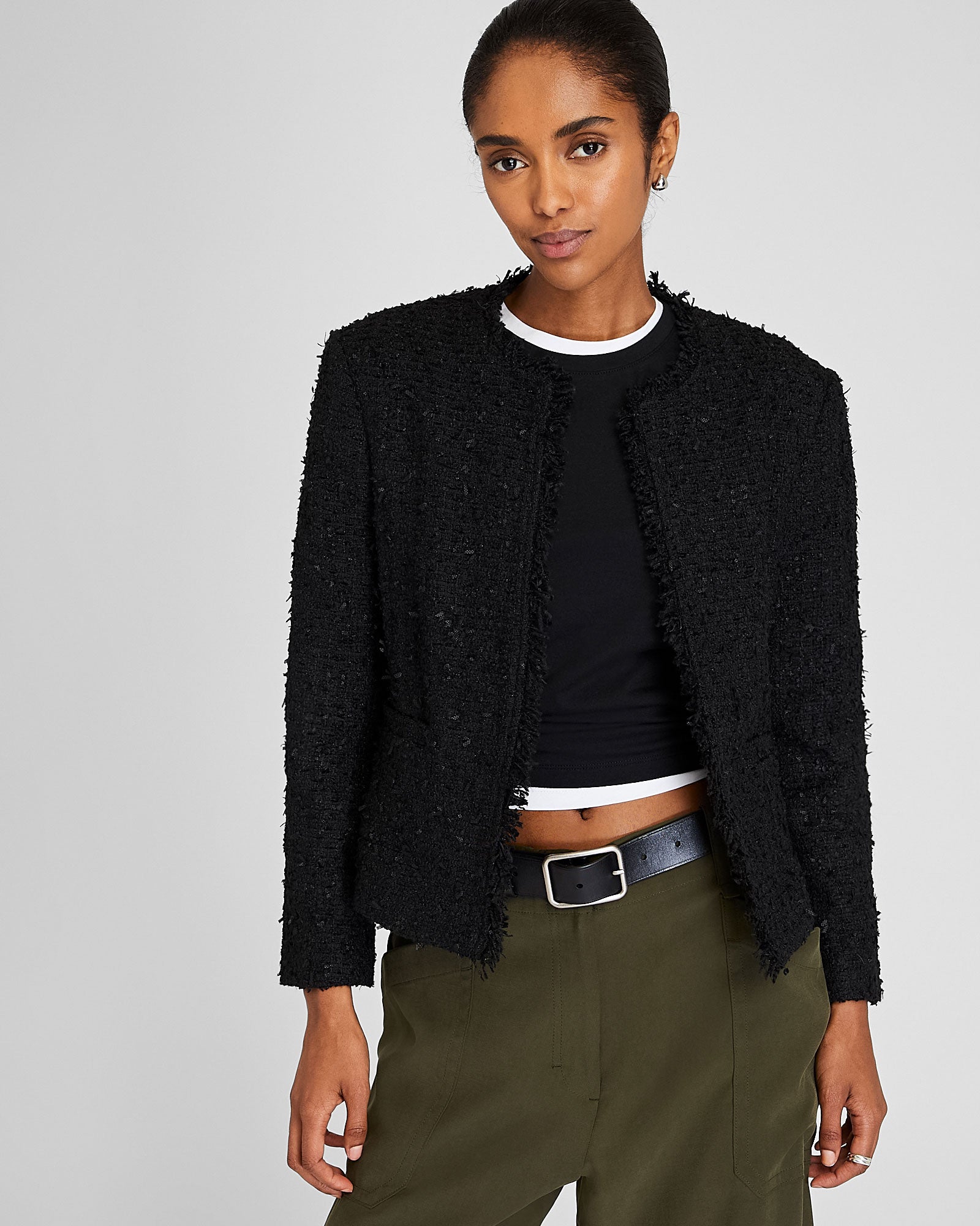 Women's Black Collarless Bouclé Fringe Jacket | CLUB MONACO US
