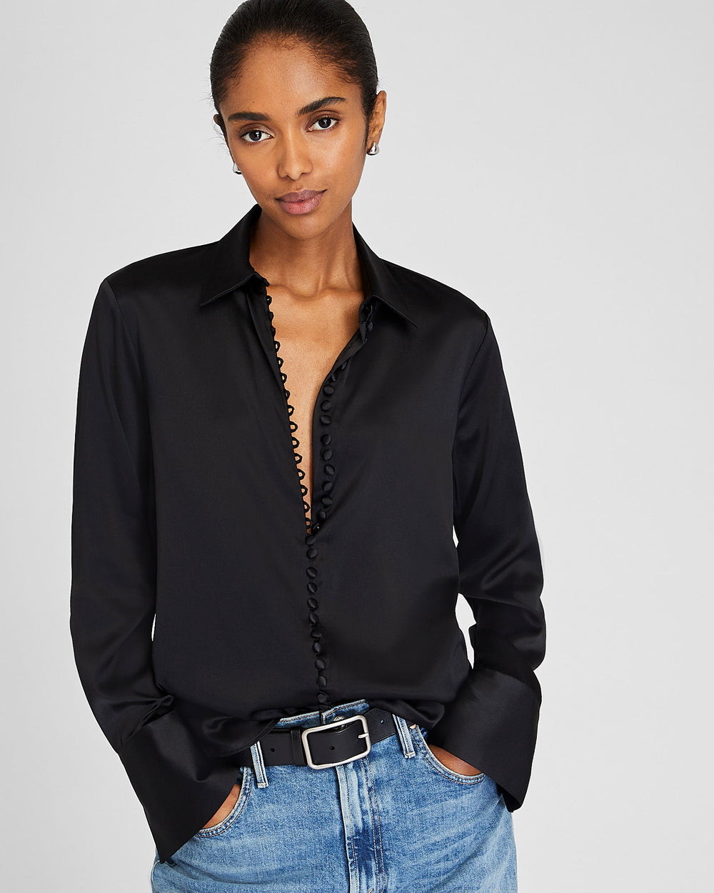Women's Black Helek Stretch Silk Charmeuse Shirt | Club Monaco Corp, CA US