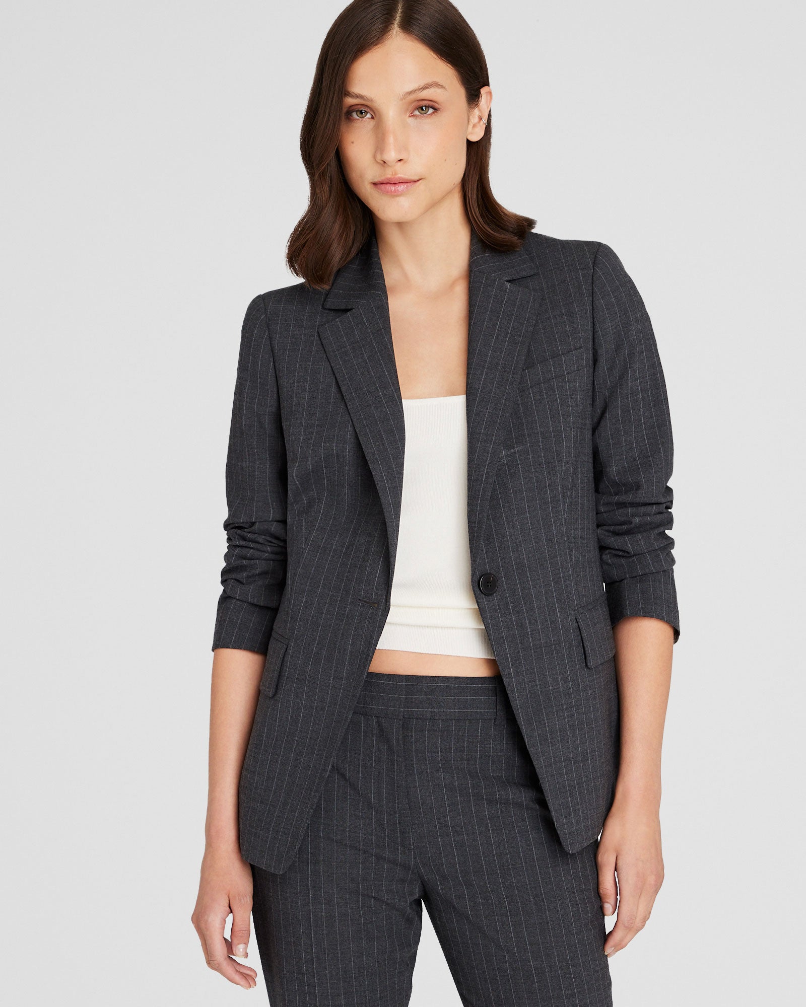 Women's Charcoal Base Cutaway Borrem Pinstripe Blazer | Club Monaco ...