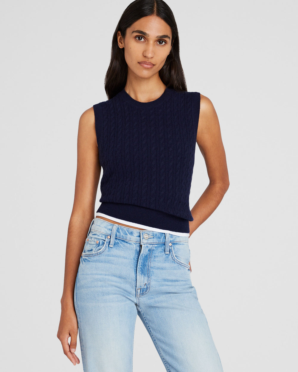 Women's Navy Cashmere Mini Cable Shell | CLUB MONACO US
