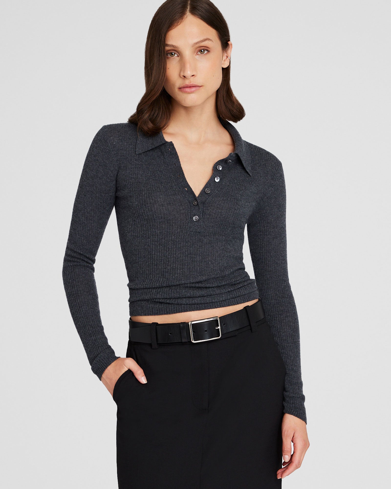 Women's Charcoal Cashmere Rib Polo | Club Monaco Corp, CA US