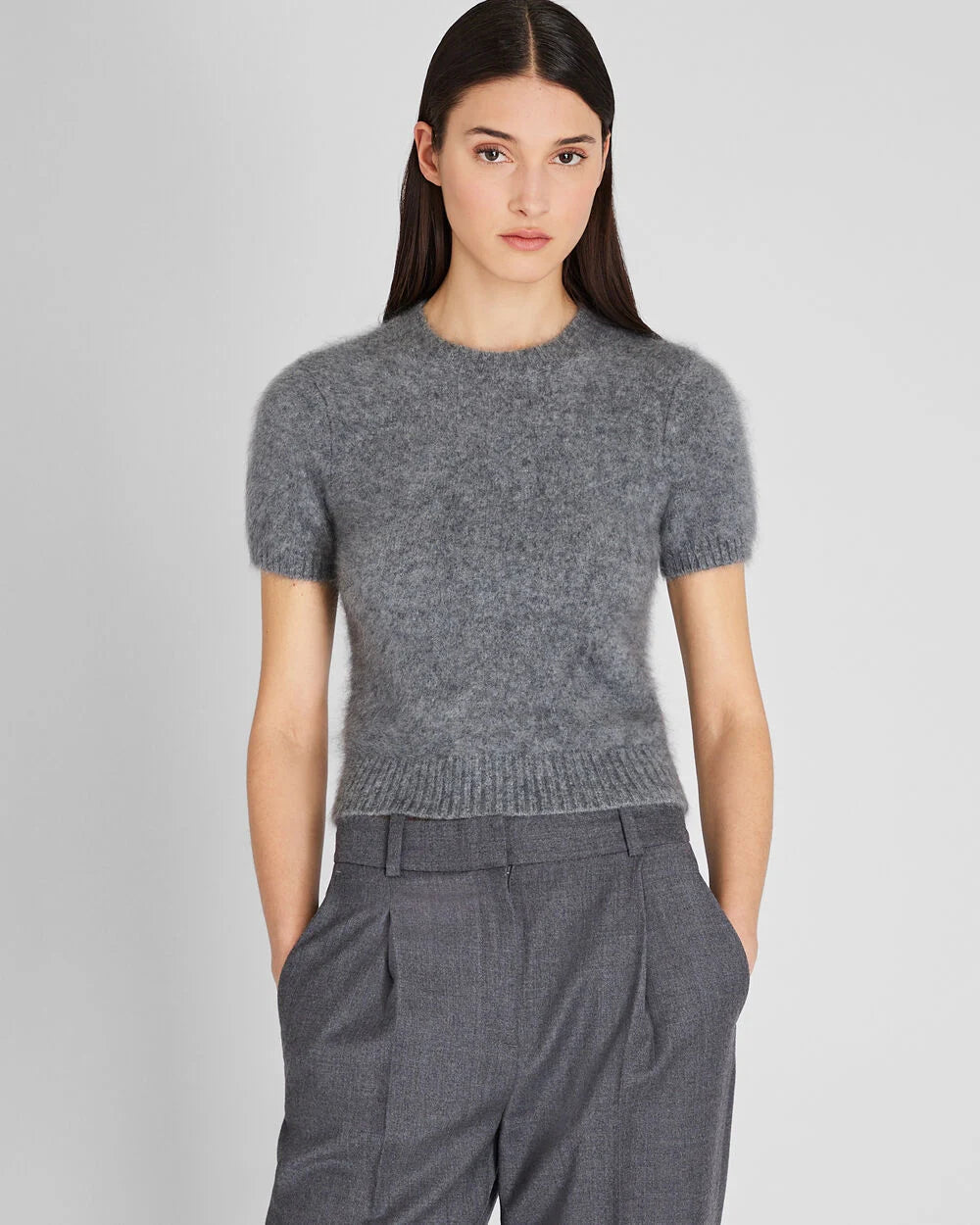 Women's Medium Heather Grey Brushed Cashmere Short-Sleeve Sweater ...