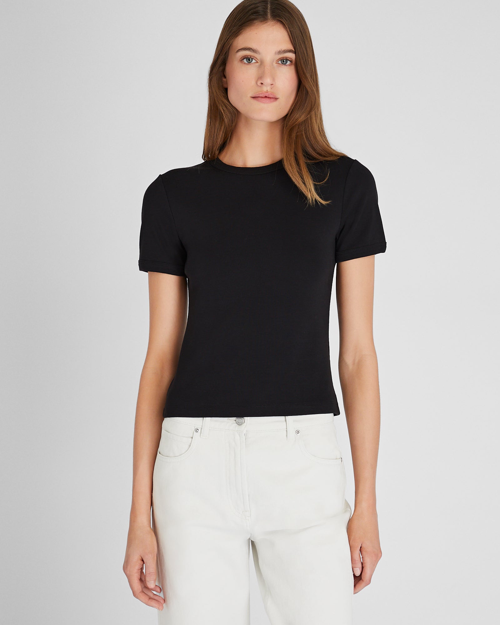 Women's Black Compact Micro Rib Tee | Club Monaco US