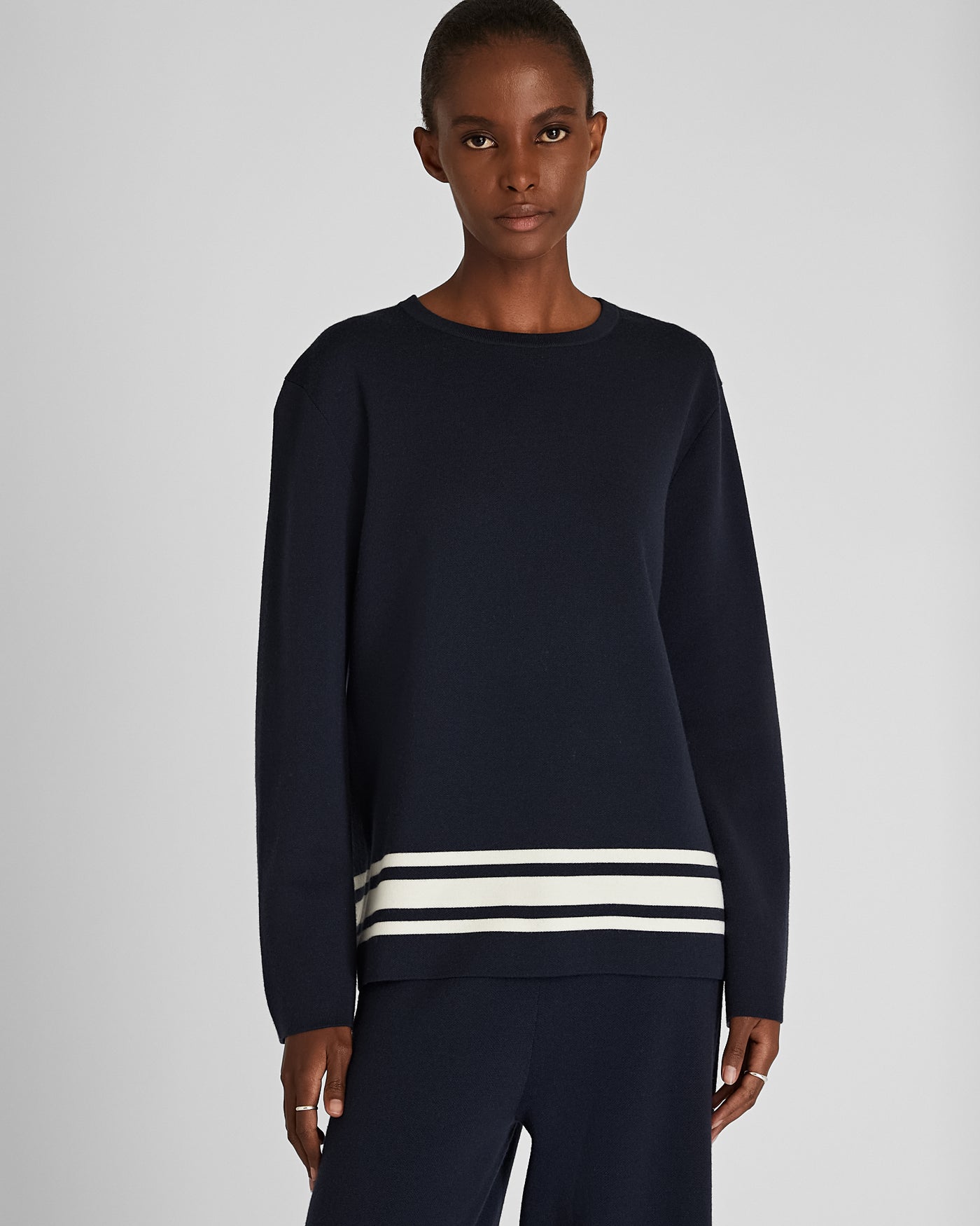 Women's Twilight Navy Double Knit Stripe Border Sweater | Club Monaco ...