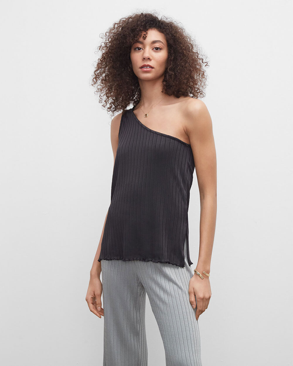 Women's Black One Shoulder Rib Top | Club Monaco Corp, CA US