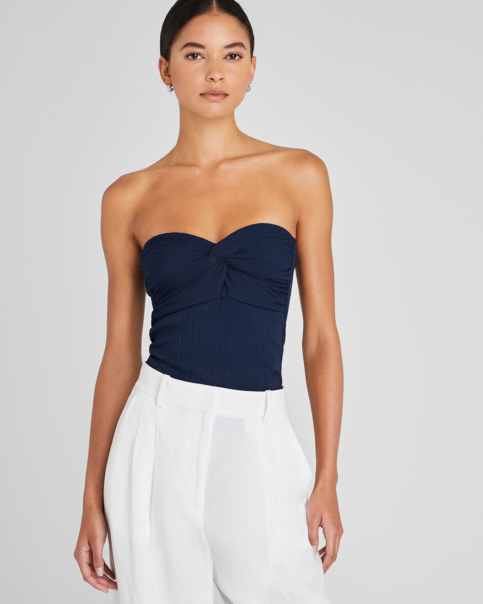 Women's Navy Plissé Bustier Top | Club Monaco US