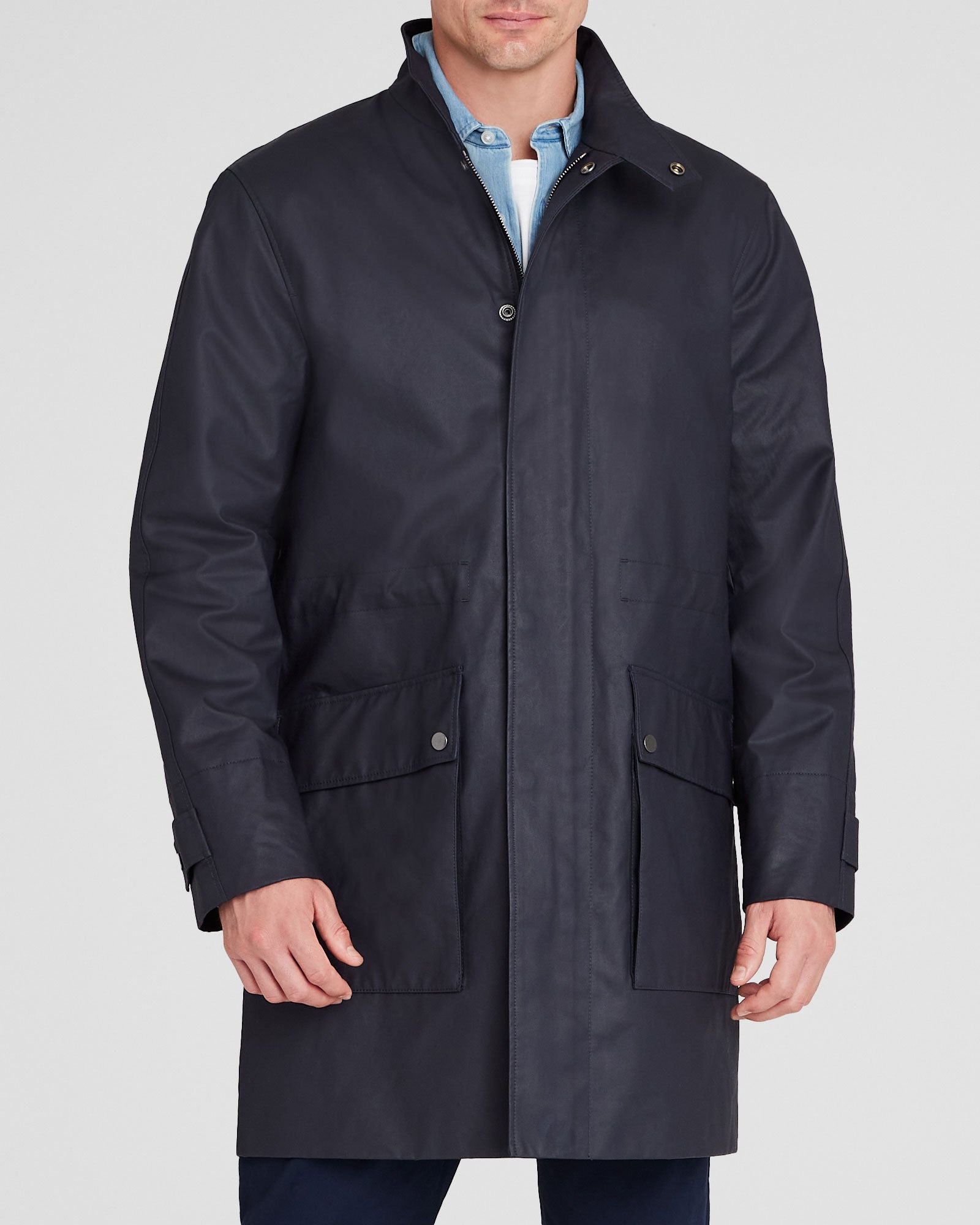 Men's Navy Casual Waxed-Cotton Mac Coat | Club Monaco Corp, CA US