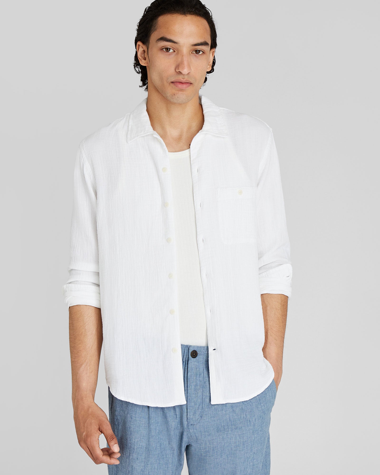 Men's White Base Long-Sleeve Summer Doubleface Shirt | Club Monaco US