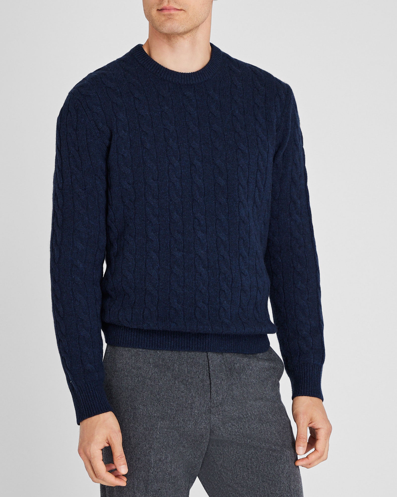 Men's Navy Cashmere Cable Crewneck Sweater | CLUB MONACO US
