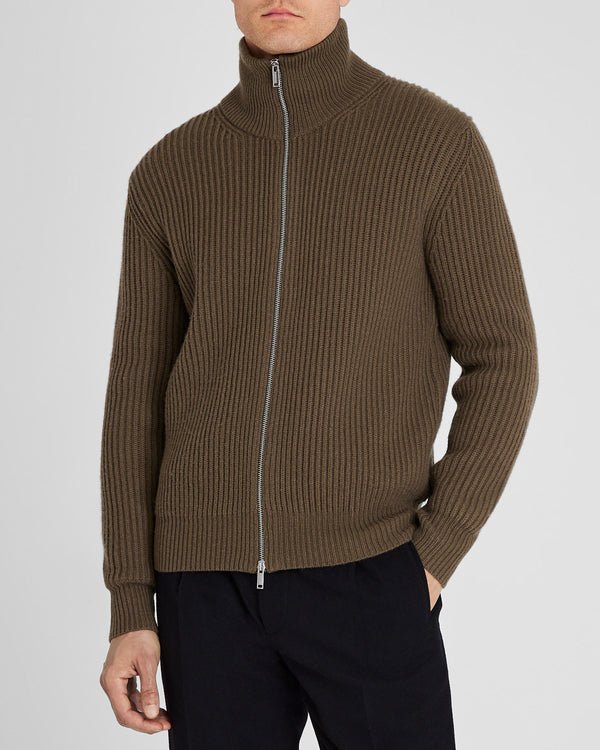 Men's Olive Rib-Stitch Full-Zip Sweater | Club Monaco Corp, CA US