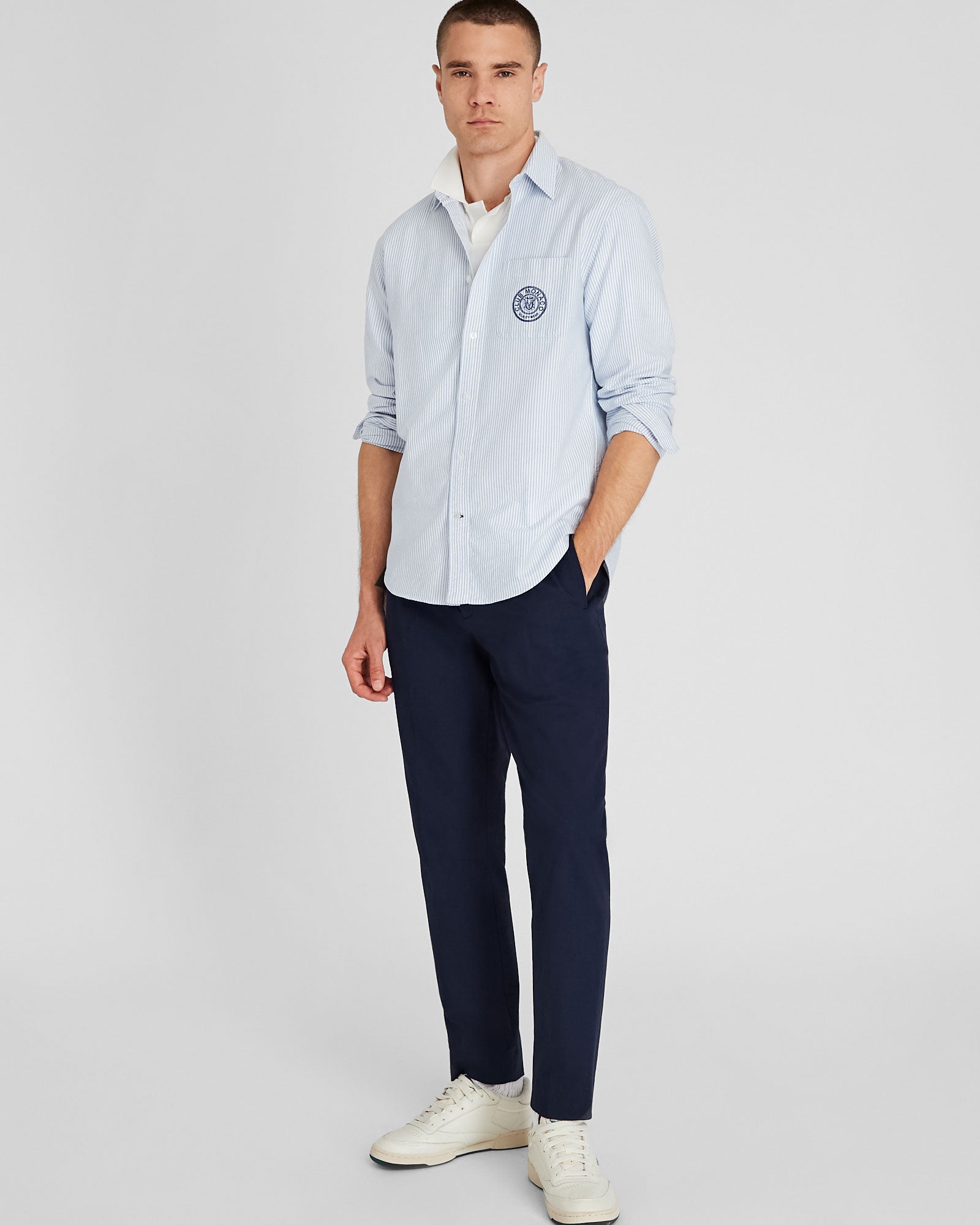 Men's Blue Striped Crest Oxford Shirt | Club Monaco Corp, CA US