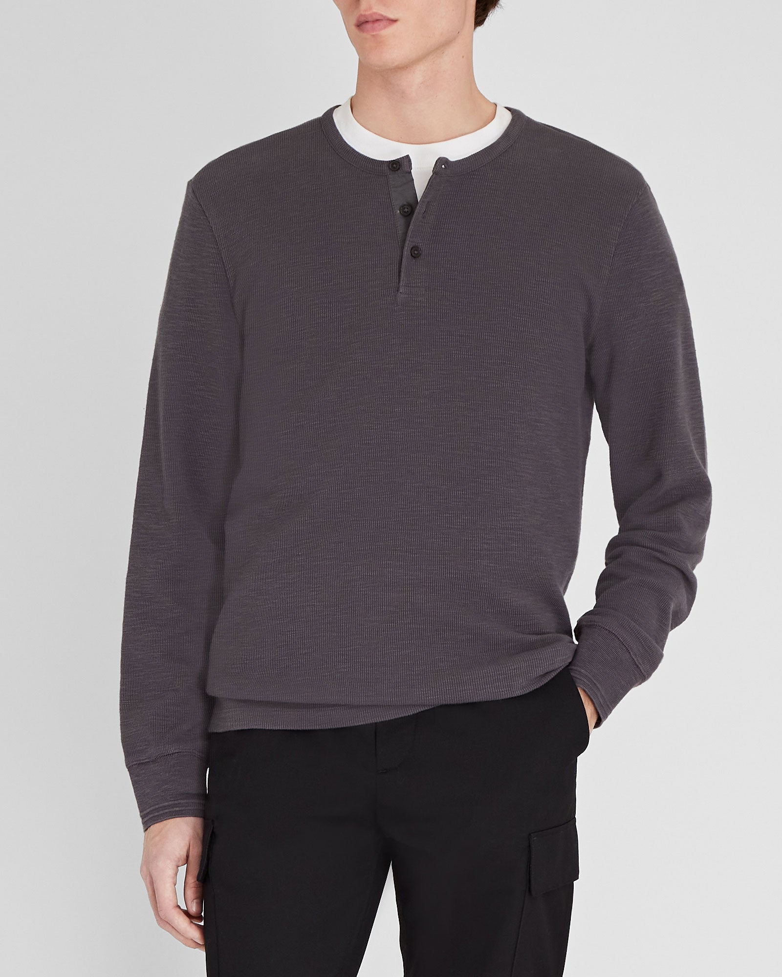 Men's Medium Grey Textured Rib Long-Sleeve Henley | Club Monaco Corp, CA US