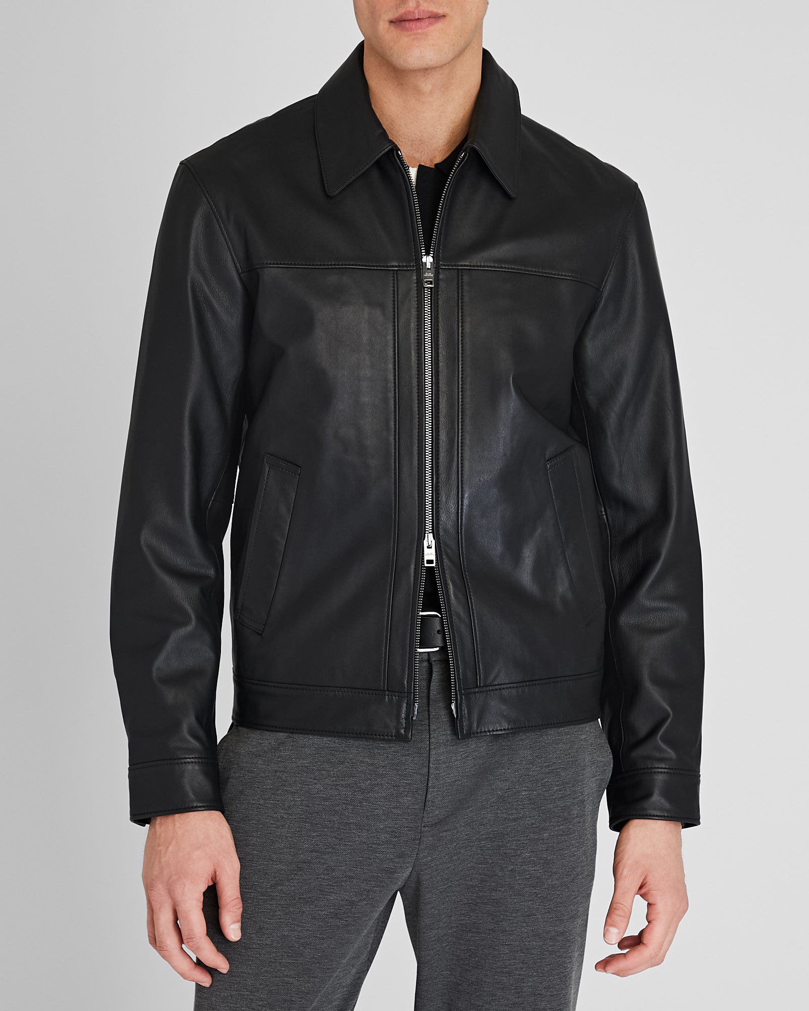 Men's Black Leather Zip Jacket | Club Monaco Corp, CA US